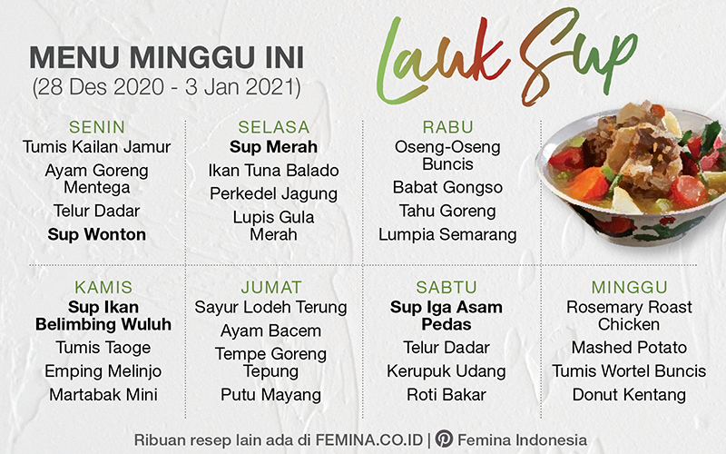 Daftar Menu Mingguan (28 Desember 2020 - 3 Januari 2021): Lauk Sup